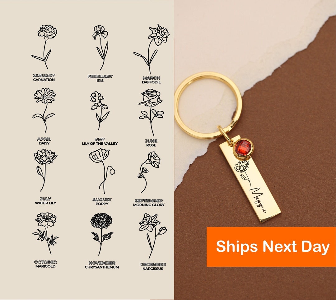 Personalized Birthstone Keychain, Birth Month Flower Keyring, Flower ...