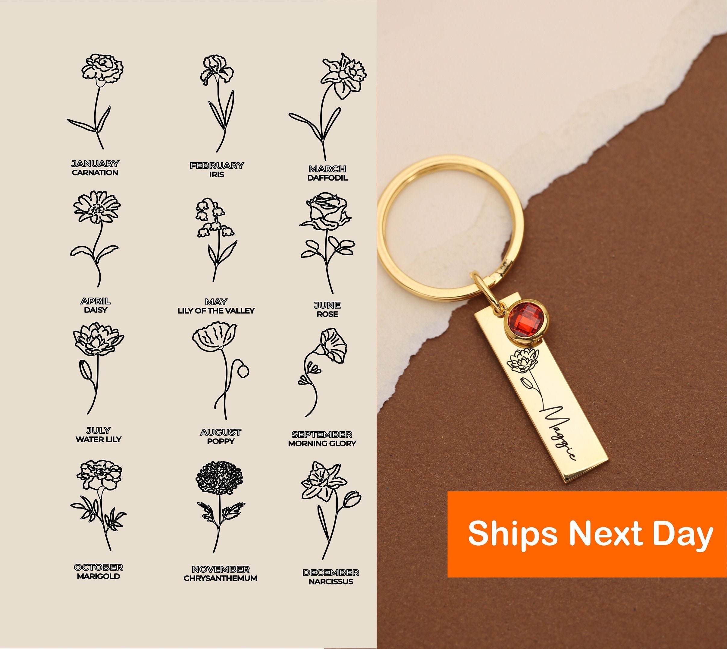 Personalized Birthstone Keychain, Birth Month Flower Keyring, Flower ...