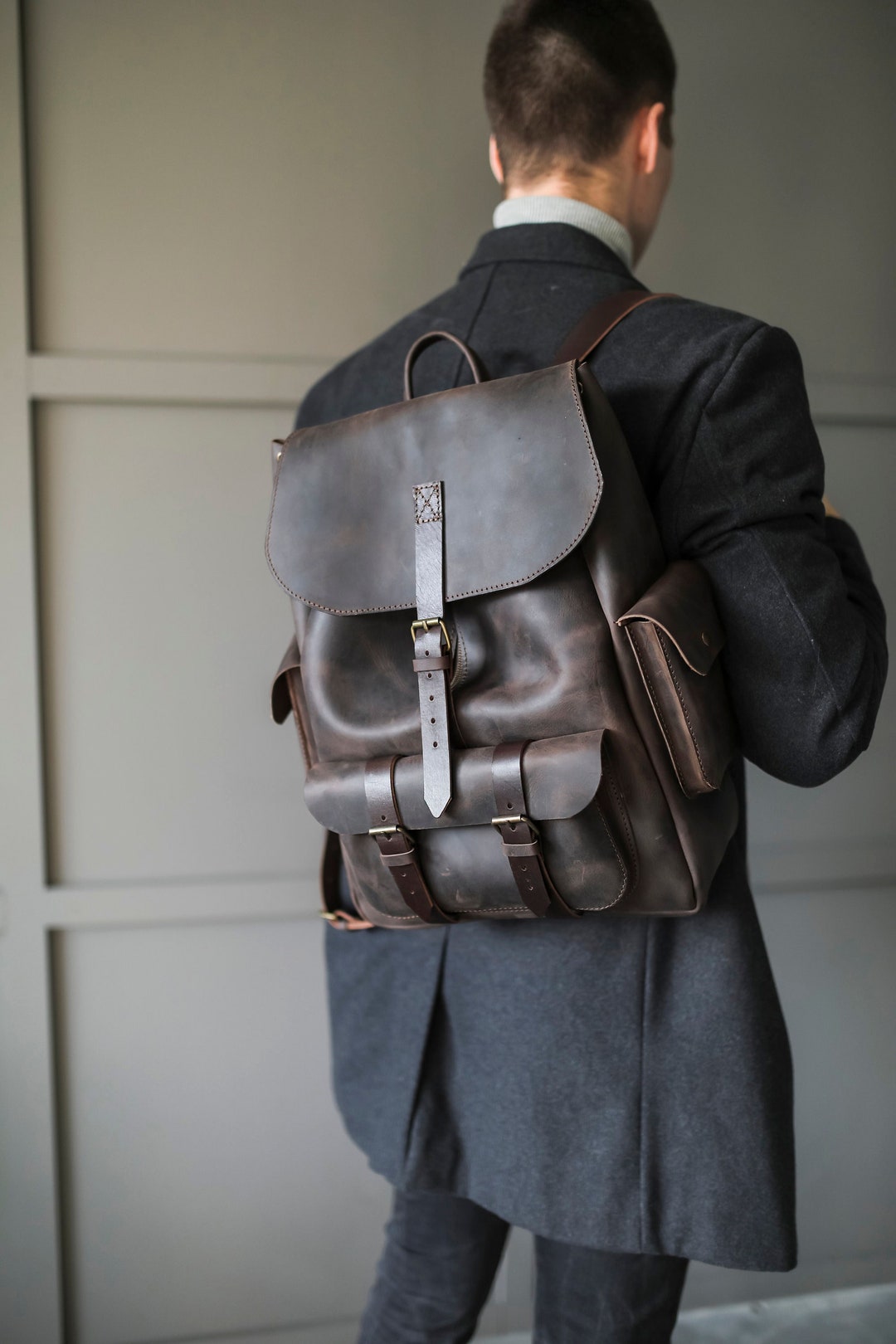 Deep Black Leather Backpack Men, Large Backpack Purse Women, Hippie ...