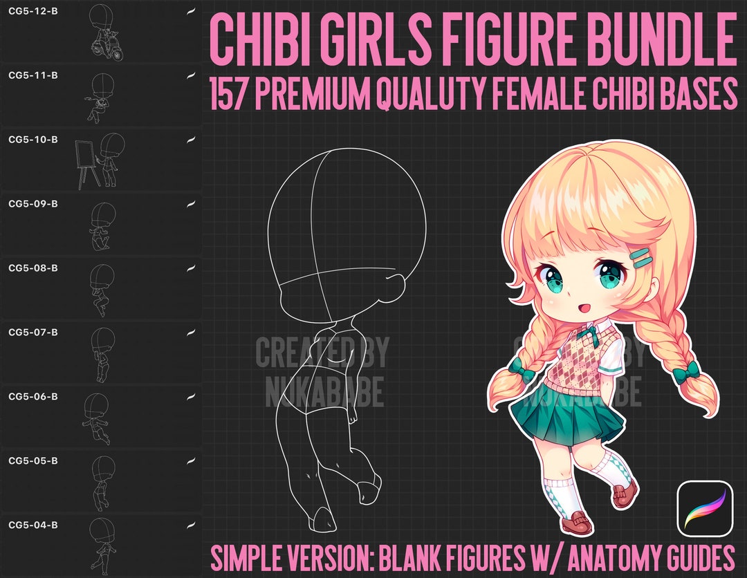 157 Female Chibi Stamps For Procreate Chibi Procreate Poses Anime Stamps Guide Brushes Chibi