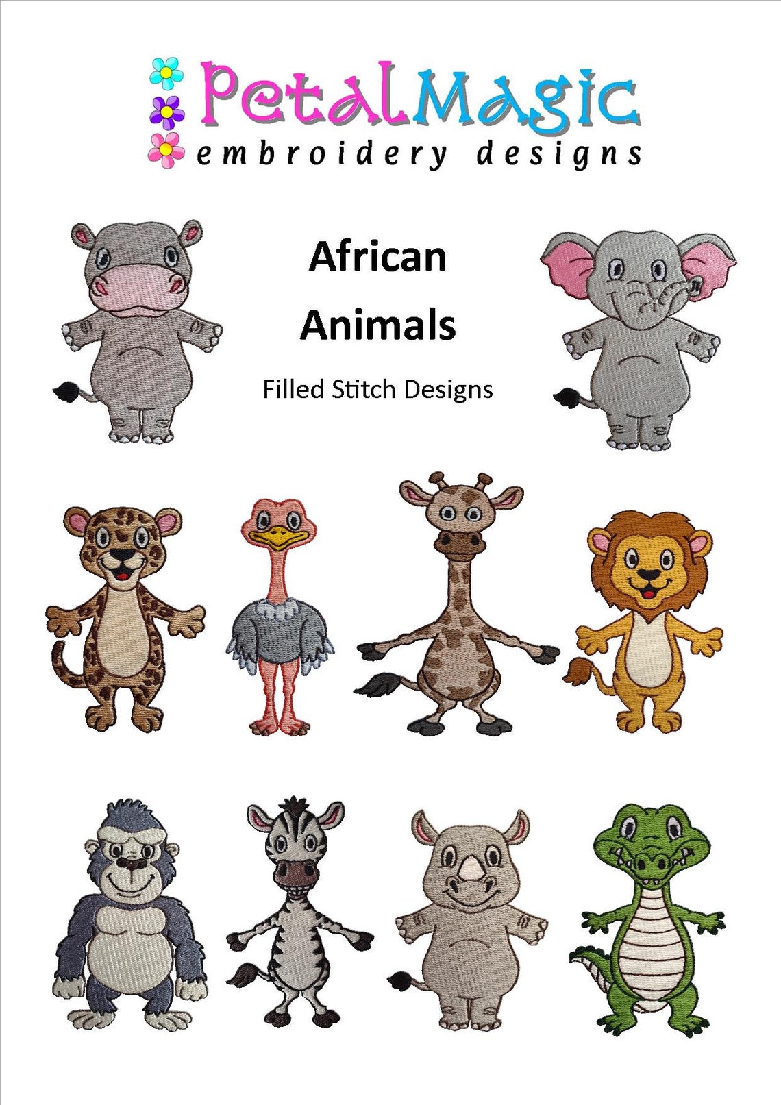 African Animals Filled Stitch Machine Embroidery Set of 10 Designs ...