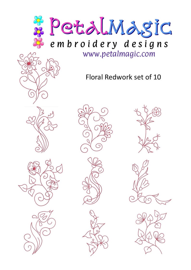Floral Redwork Set of 10 Machine Embroidery Designs/flowers - Etsy