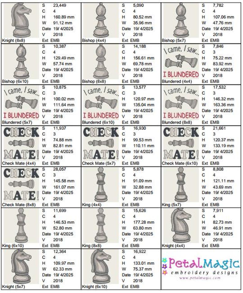 Chess Set of 10 Filled Stitch Machine Embroidery Designs - Etsy