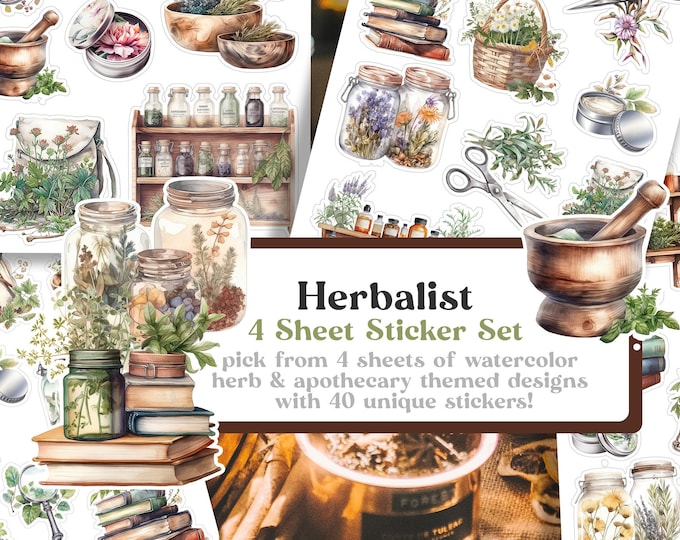 Herbalist Apothecary Sticker Set, Watercolor Green Kitchen Witch Bullet ...