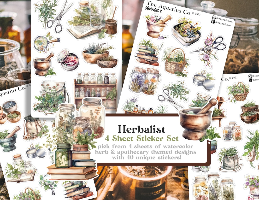 Herbalist Apothecary Sticker Set, Watercolor Green Kitchen Witch Bullet ...