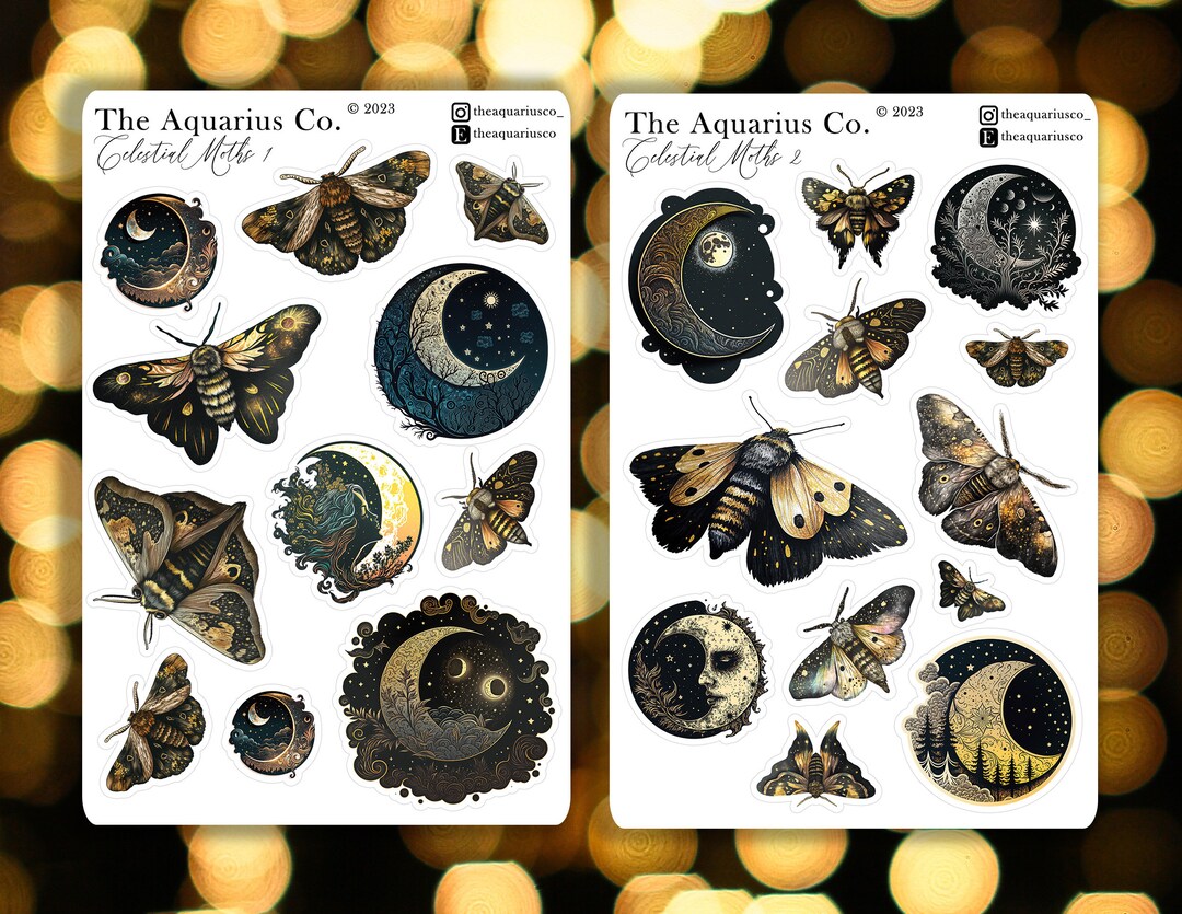 Celestial Moth Sticker Set, Gothic Black and Gold Moon Moth Bullet ...