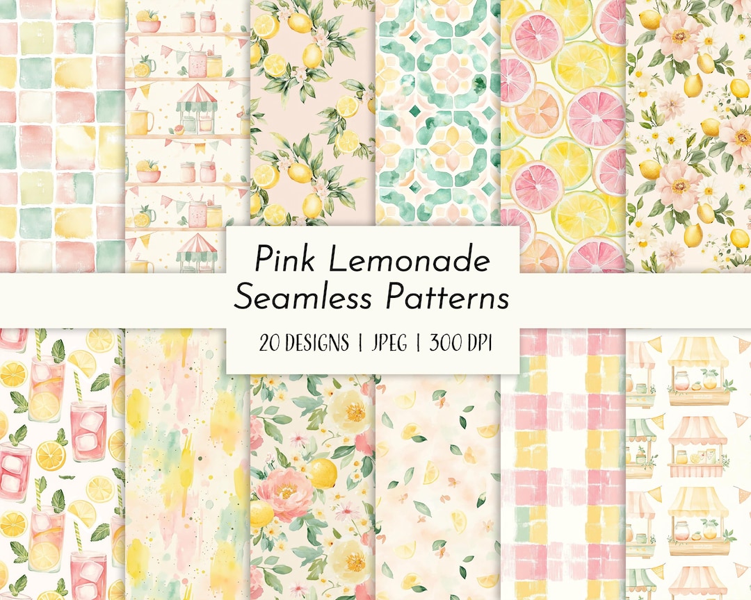 Pink Lemonade Seamless Patterns: Watercolor Summer Digital Paper (JPEG ...
