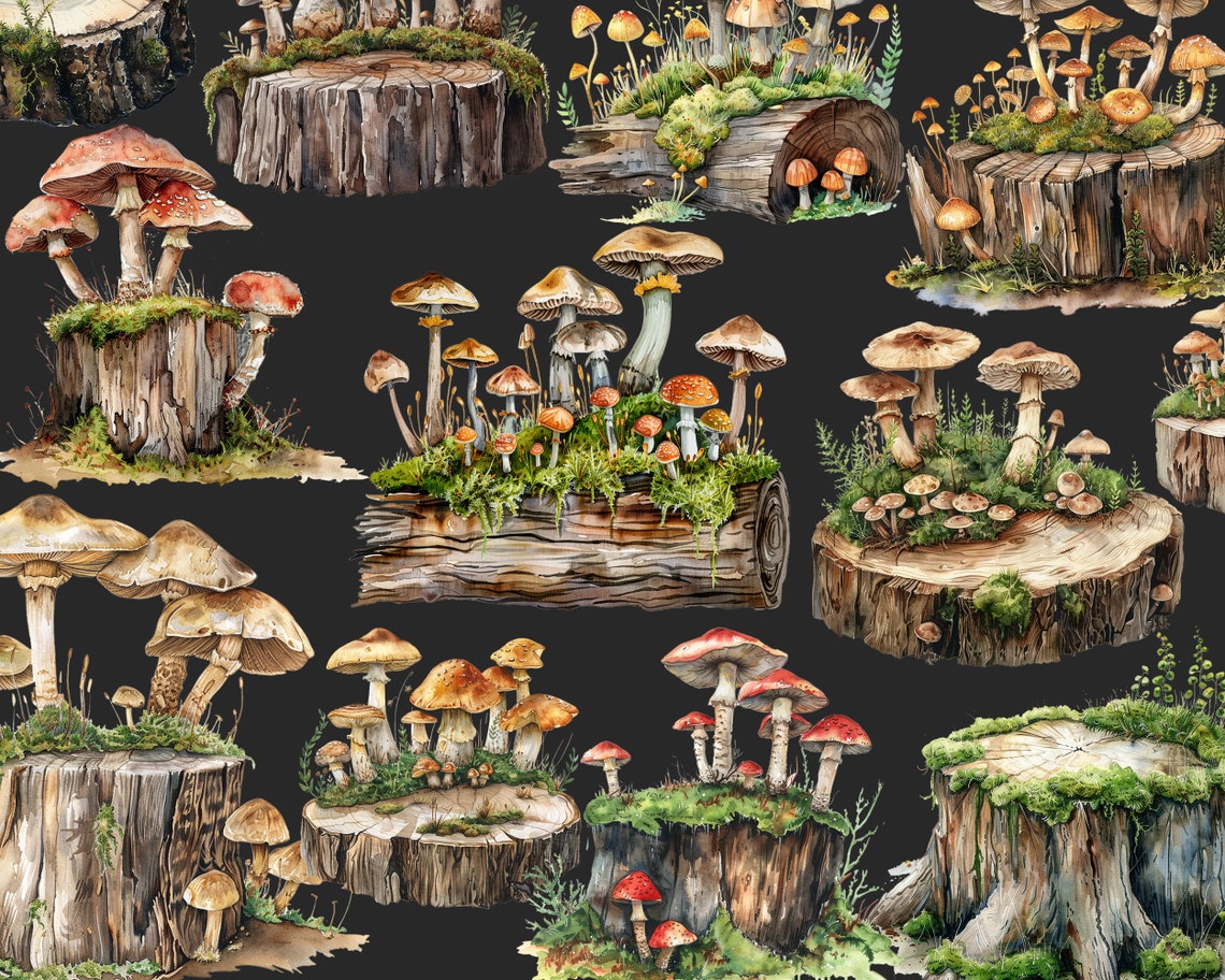 Watercolor Mushrooms, Moss and Wood Clipart, Commercial Use - Etsy