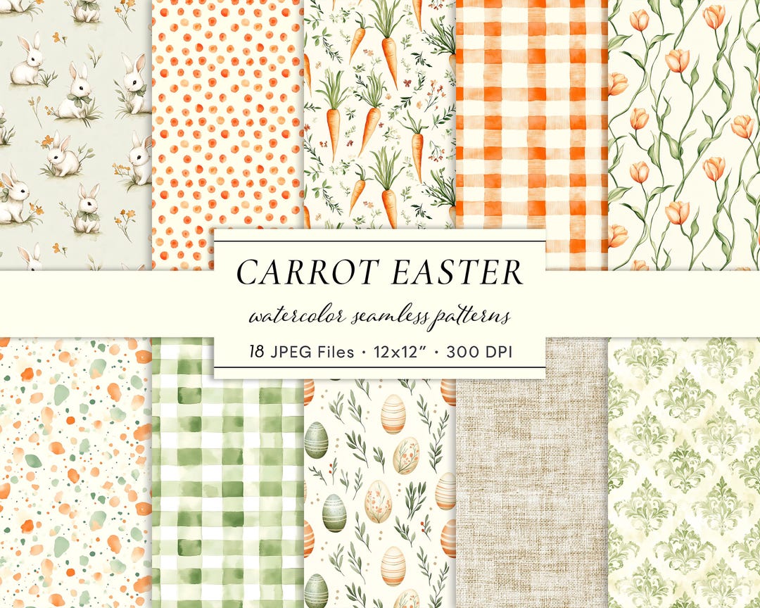 Watercolor Easter Patterns: Green & Orange Seamless Designs (digital ...