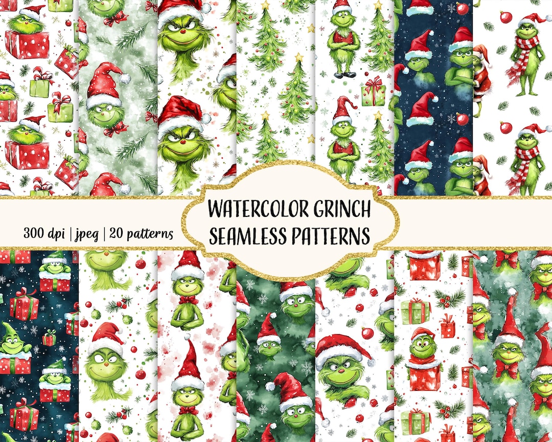 Watercolor Christmas Grinch, Printable Scrapbook Paper, Seamless ...