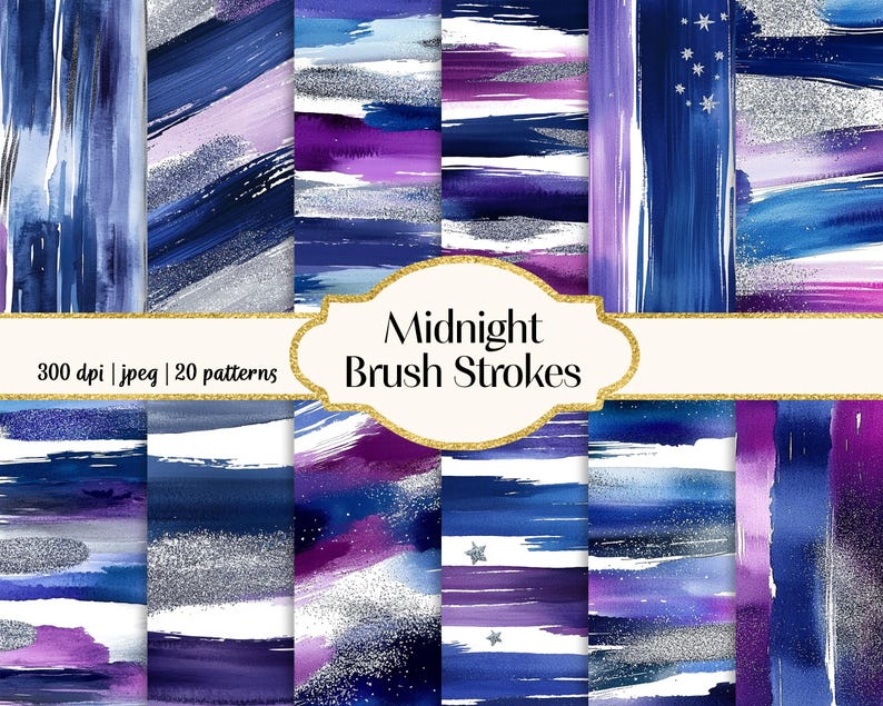 Watercolor Brush Strokes Seamless Patterns, Purple, Blue and Silver ...