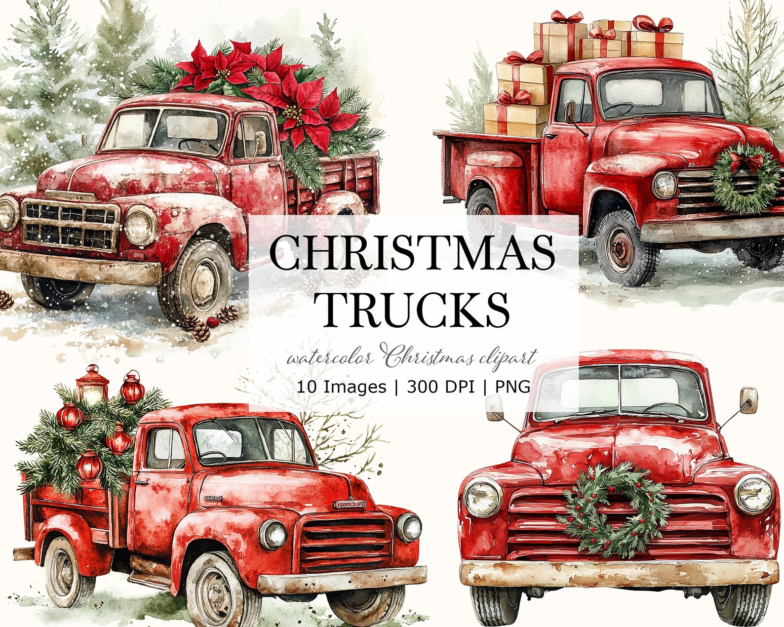 Watercolor Christmas Trucks Clipart Set | Vintage Red Holiday Trucks ...