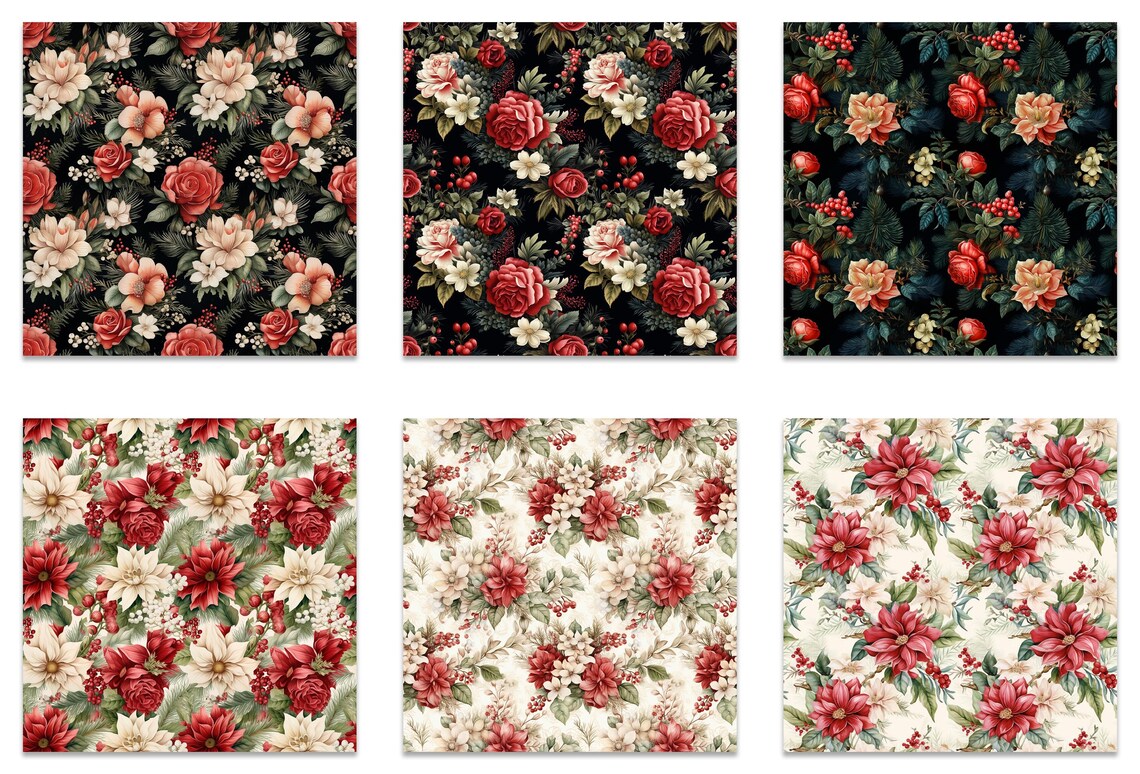 Watercolor Christmas Flowers, Seamless Patterns, Printable Scrapbook ...