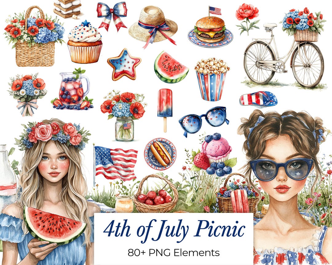 Watercolor 4th of July Clipart: Patriotic Picnic PNG Set - Etsy