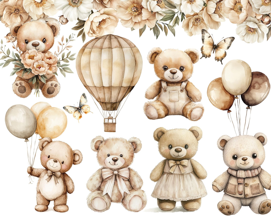 Watercolor Beige Teddy Bears Clipart: 60 PNG Illustrations (commercial ...