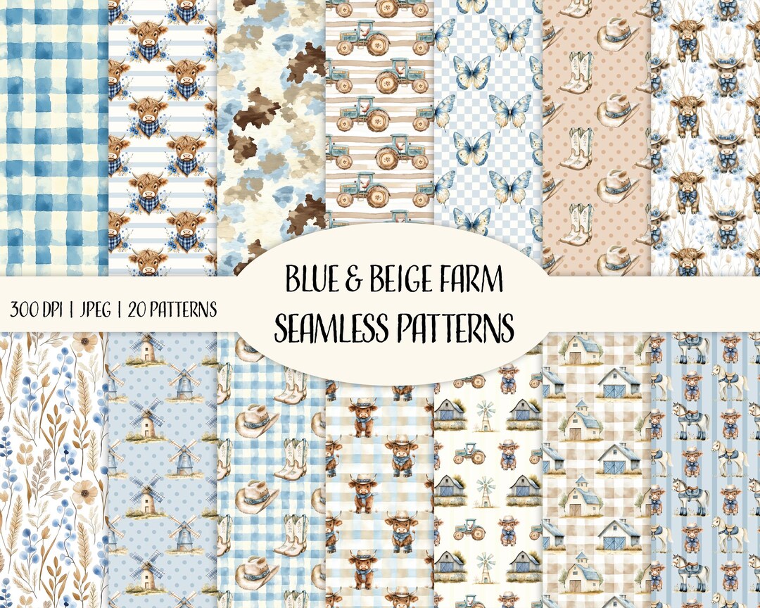 Watercolor Farm Seamless Patterns: Blue Highland Cows (digital Papers ...