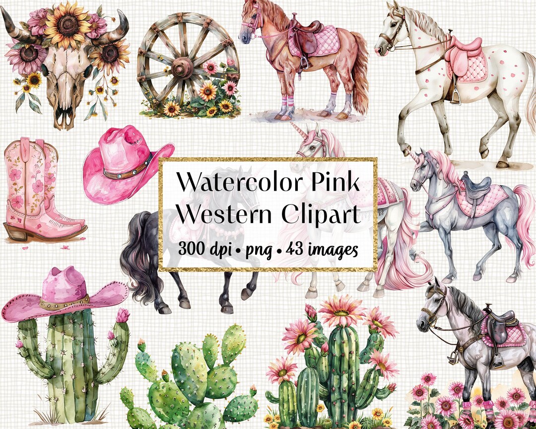 Watercolor Pink Western Clipart, Printable Cowgirl Clipart, Commercial ...