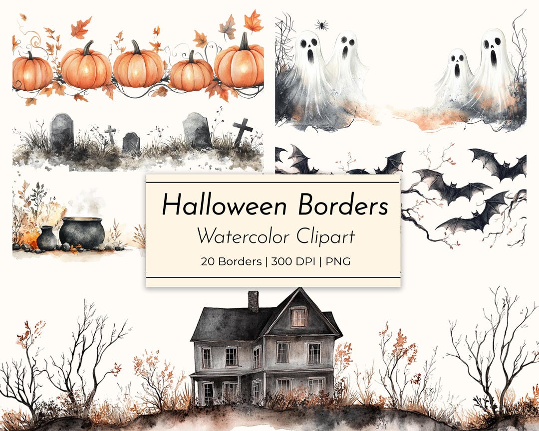 Spooky Halloween Watercolor Clipart Borders: Pumpkins, Ghosts, Cats ...