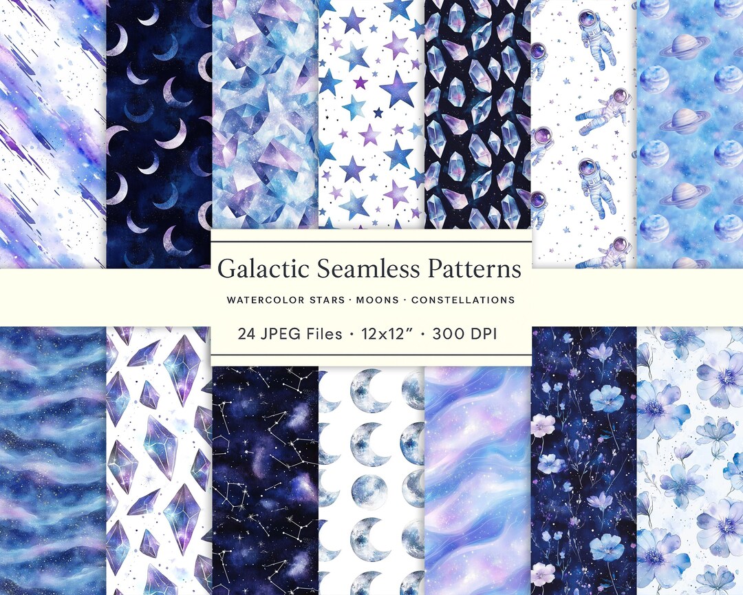 Watercolor Galactic Seamless Patterns: Stars, Moons, Constellations ...