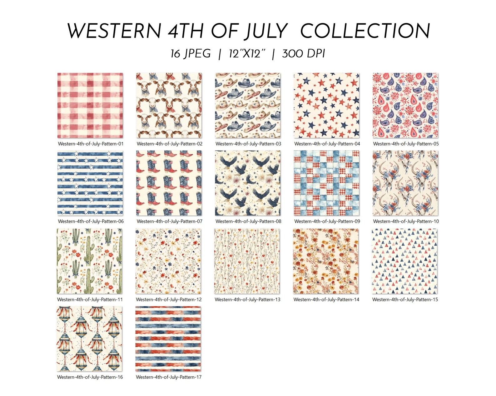 Western 4th of July Seamless Patterns: Cowboy, Stars, Wildflowers ...