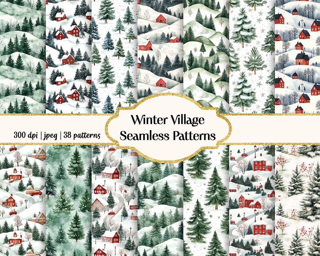 Watercolor Winter Village Seamless Patterns, Printable Scrapbook Paper ...