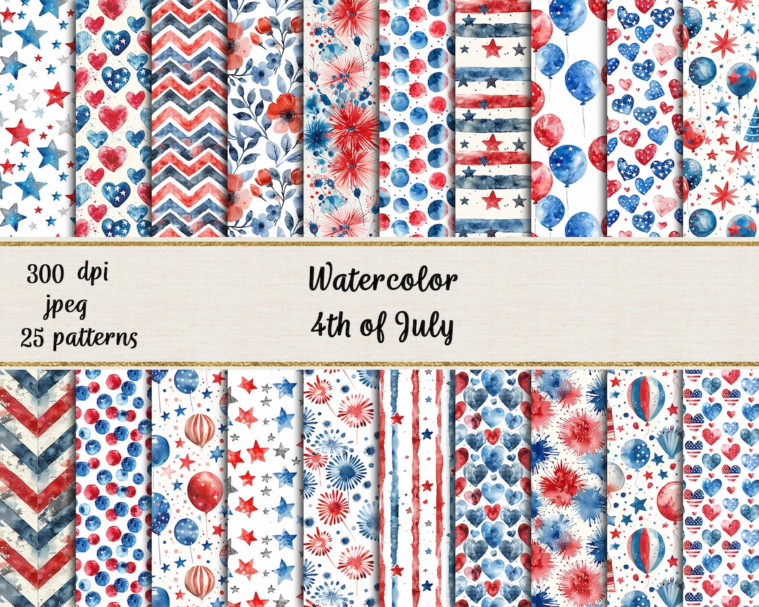 Watercolor 4th of July Seamless Patterns: Patriotic Digital Paper ...