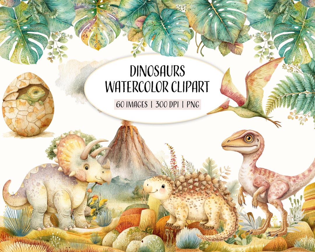 Watercolor Dinosaurs Clipart, PNG Clip Art, Printable Dinosaurs ...