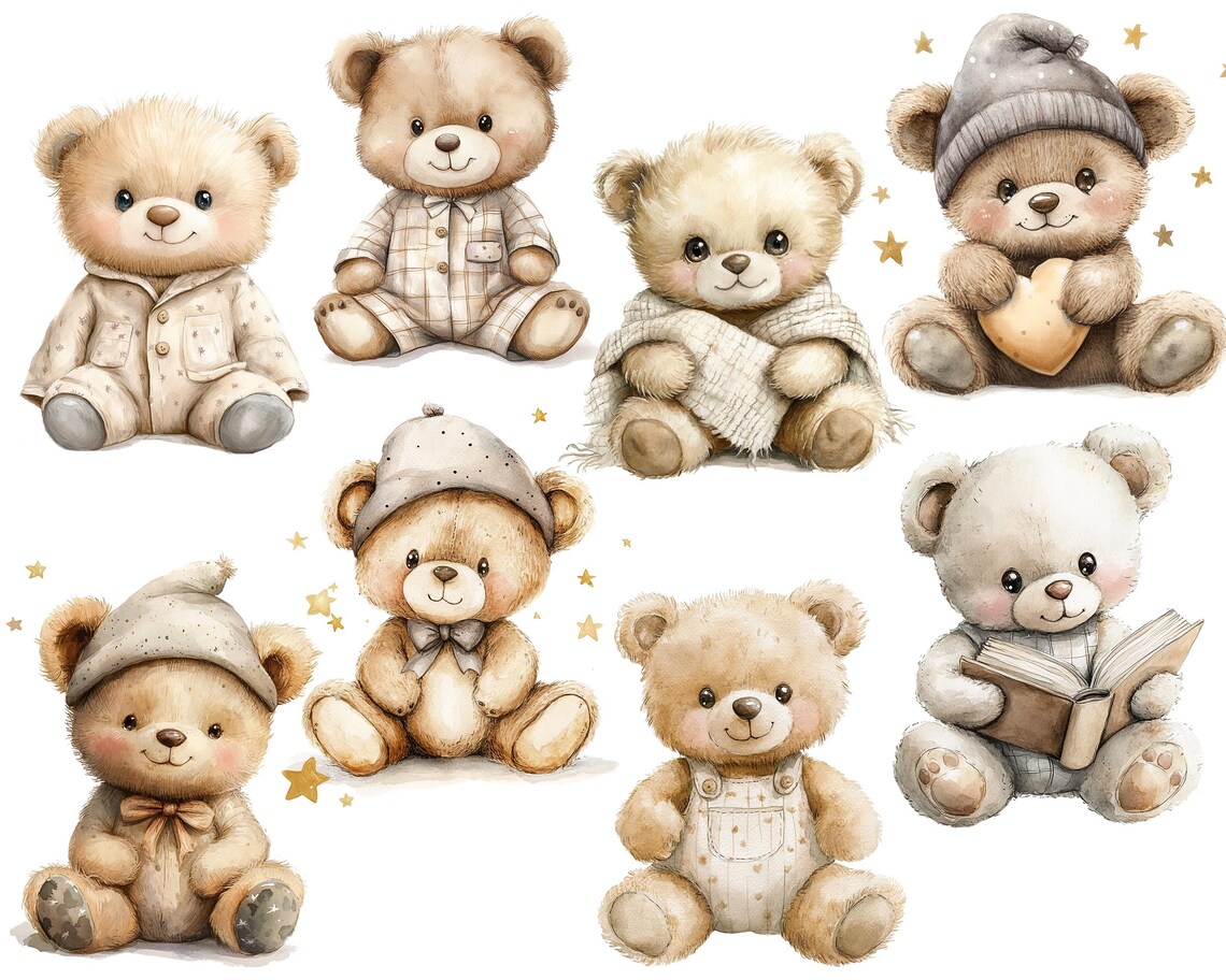 Watercolor Beige Teddy Bears Clipart: 60 PNG Illustrations (commercial ...