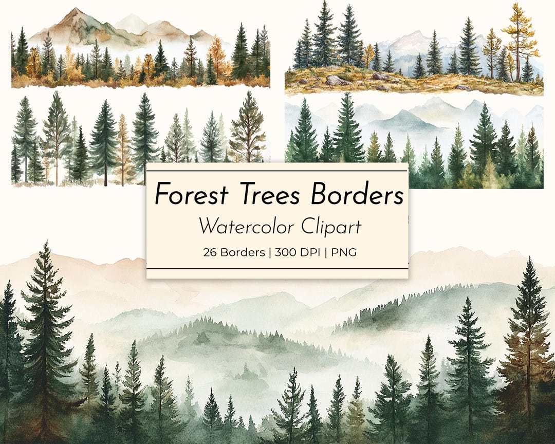 Watercolor Pine Forest Borders Clipart: Mountain Landscape PNG - Etsy