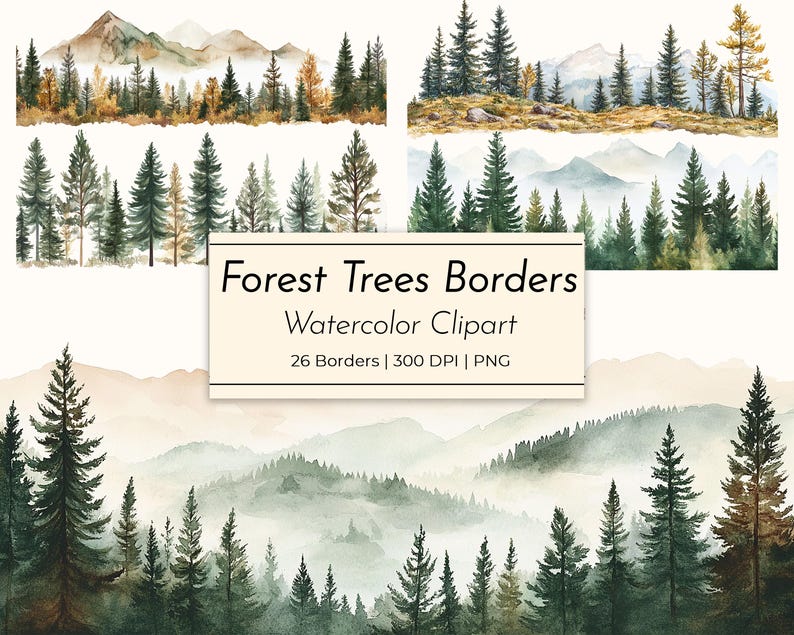 Watercolor Pine Forest Borders Clipart: Mountain Landscape PNG - Etsy