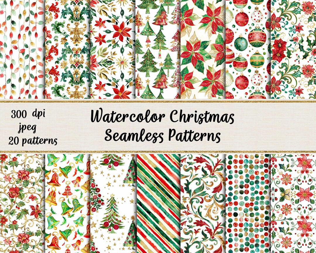 Watercolor Christmas Seamless Patterns, Commercial Use - Etsy