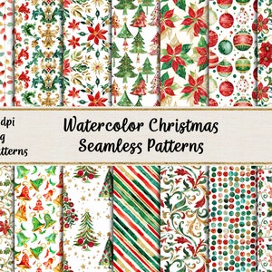 Watercolor Christmas Seamless Patterns, Commercial Use - Etsy