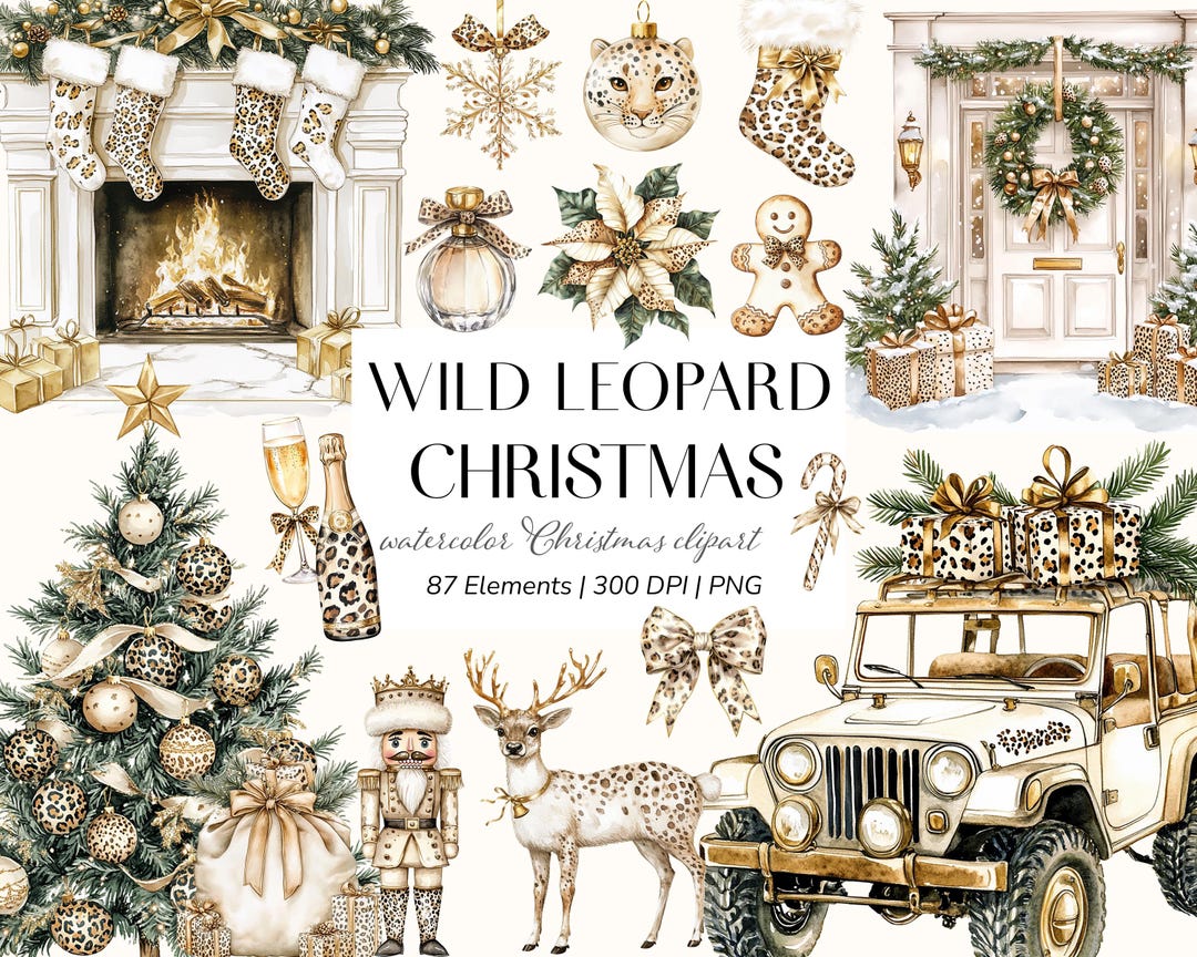 Wild Leopard Christmas Watercolor Clipart | Elegant Gold & Leopard ...