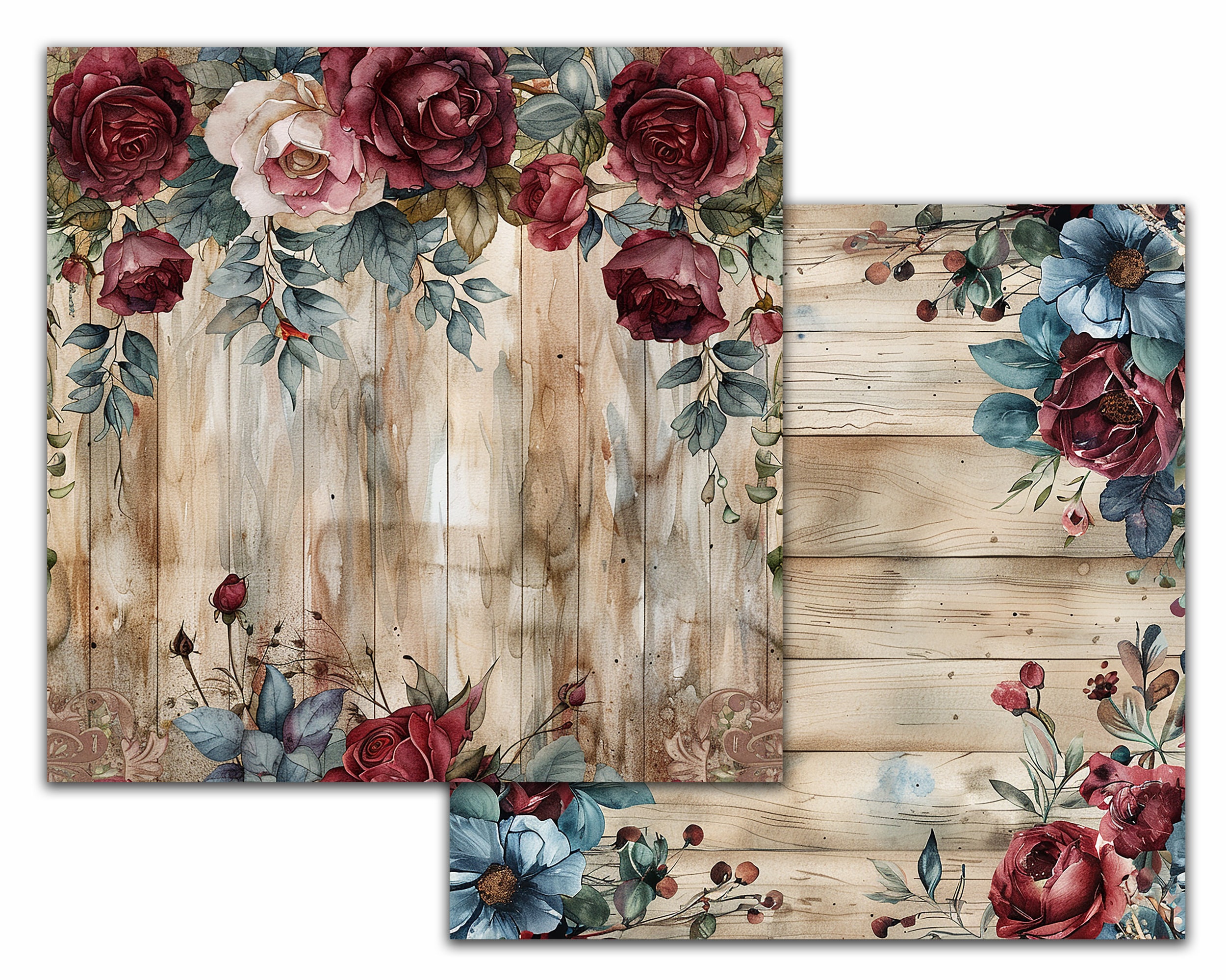Burgundy and Teal Watercolor Floral Borders Digital Papers - Etsy