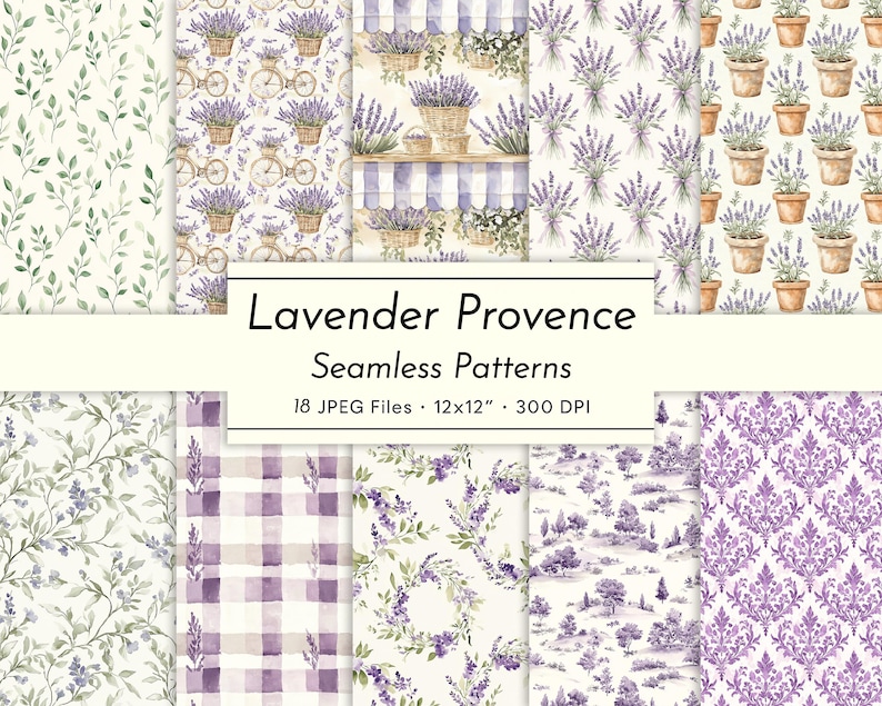 Lavender Provence – 18 Watercolor Seamless Patterns, French Countryside ...
