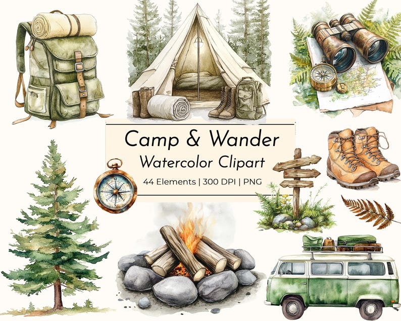 Watercolor Camping Clipart: Rustic Forest PNG Bundle (commercial Use ...