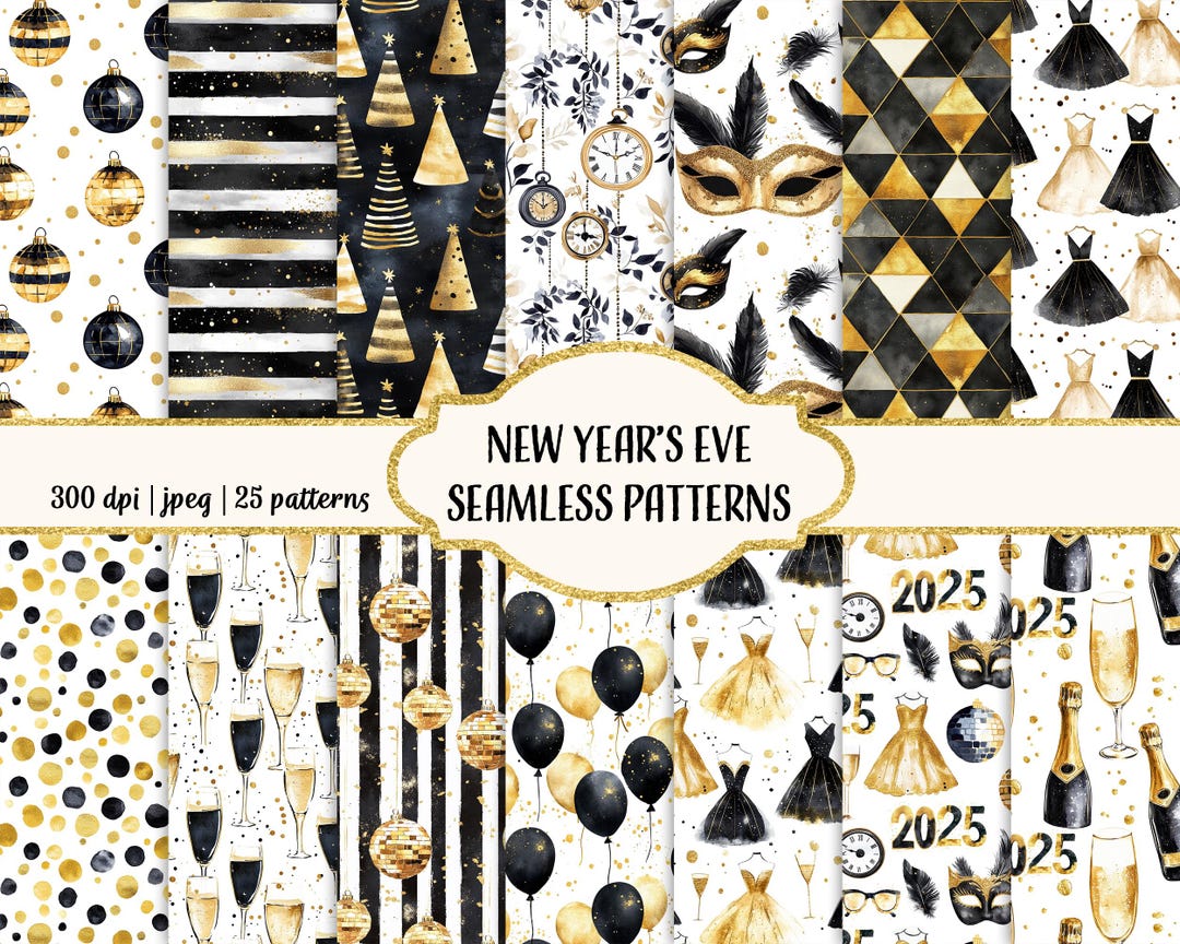 New Year's Eve Patterns, Watercolor New Year's Celebrations, Black and ...
