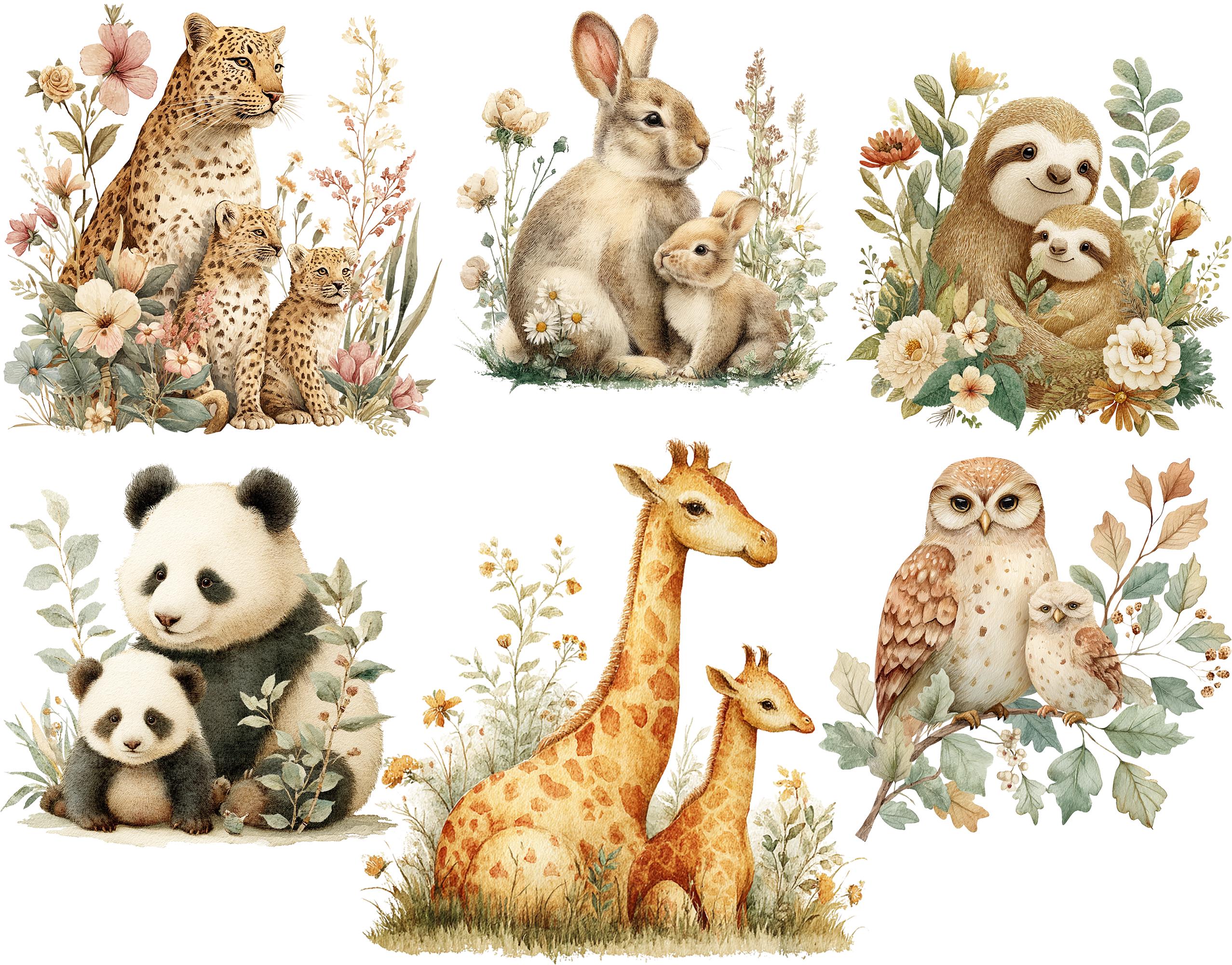 Watercolor Mom and Baby Animals Clipart: PNG Illustrations (digital ...