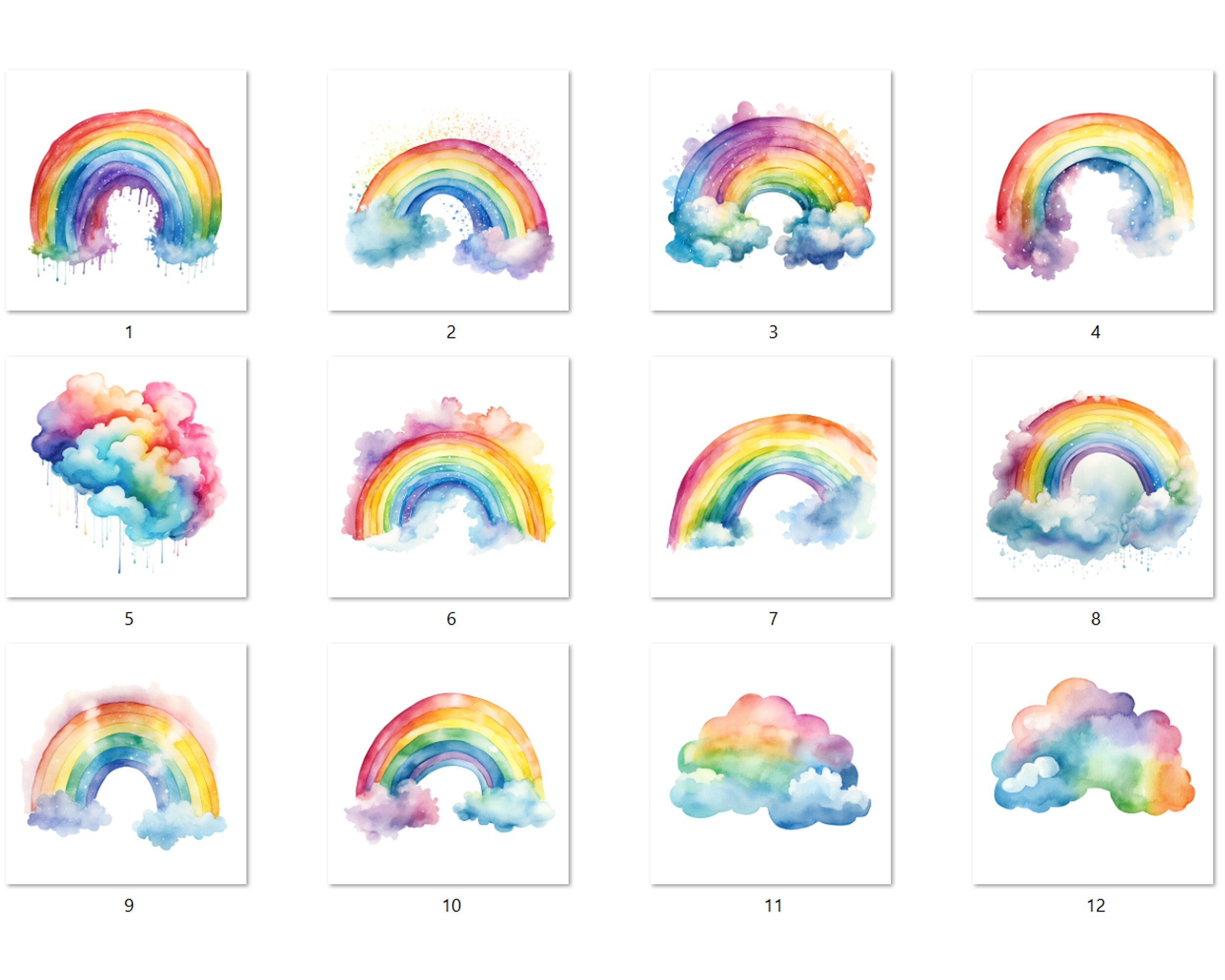 Watercolor Rainbows and Clouds Clipart - Etsy