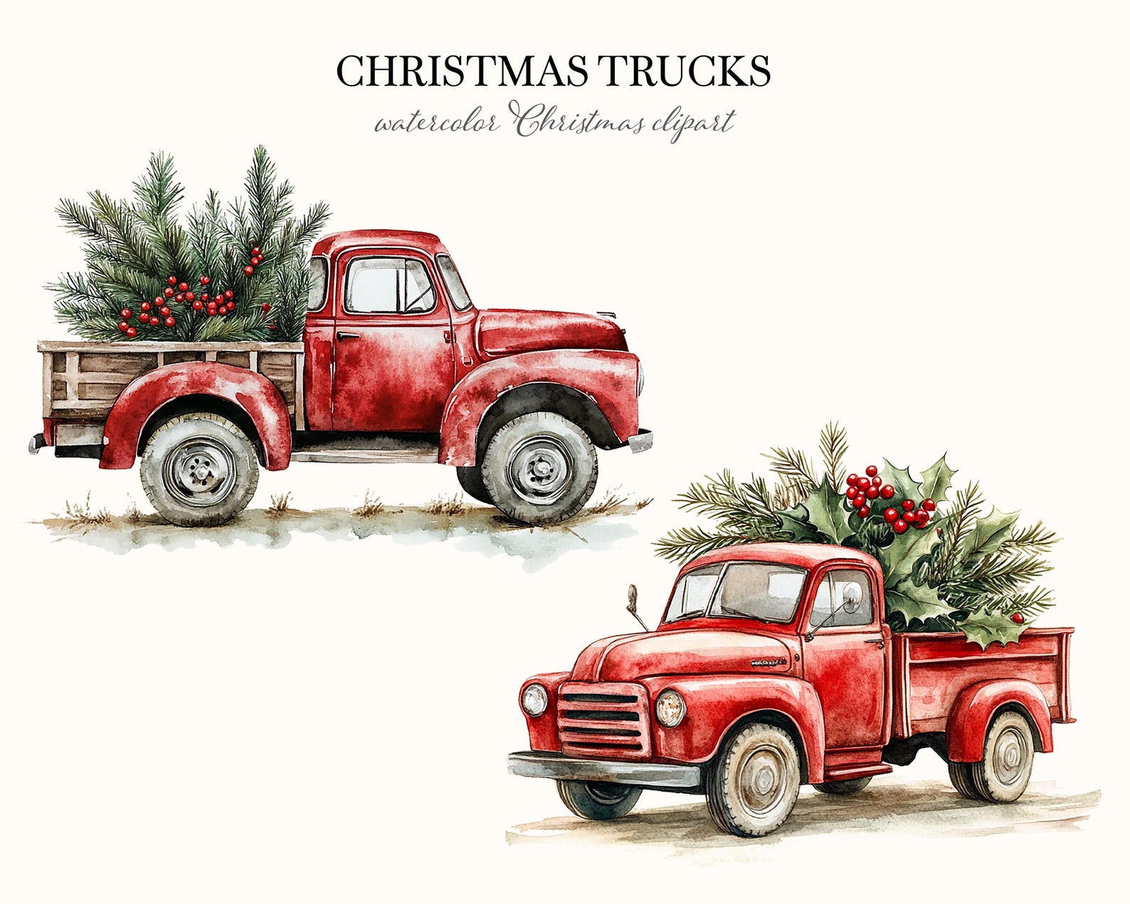 Watercolor Christmas Trucks Clipart Set | Vintage Red Holiday Trucks ...