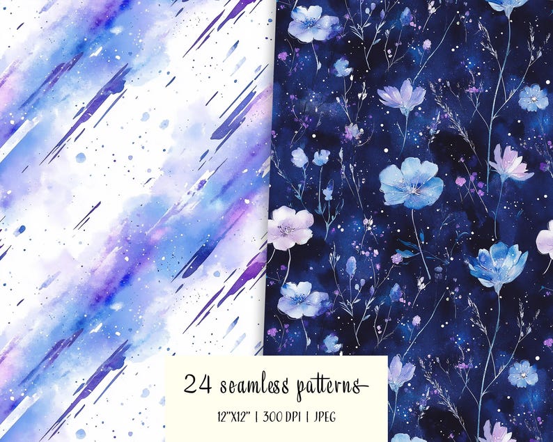 Watercolor Galactic Seamless Patterns: Stars, Moons, Constellations ...