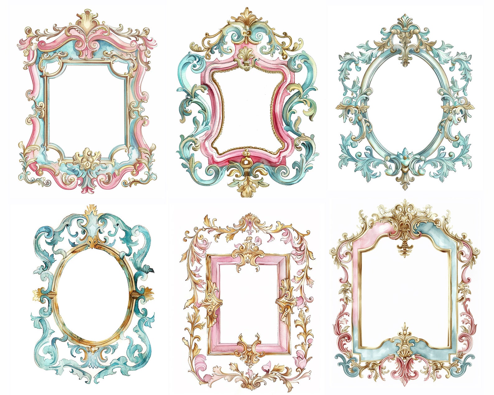 Watercolor Rococo Frames Clipart: Pink, Turquoise & Gold (PNG Digital ...