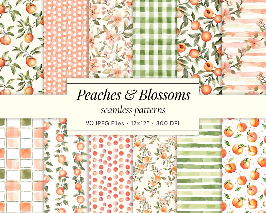 Peaches & Blossoms Watercolor Seamless Patterns | 20 Digital Paper ...
