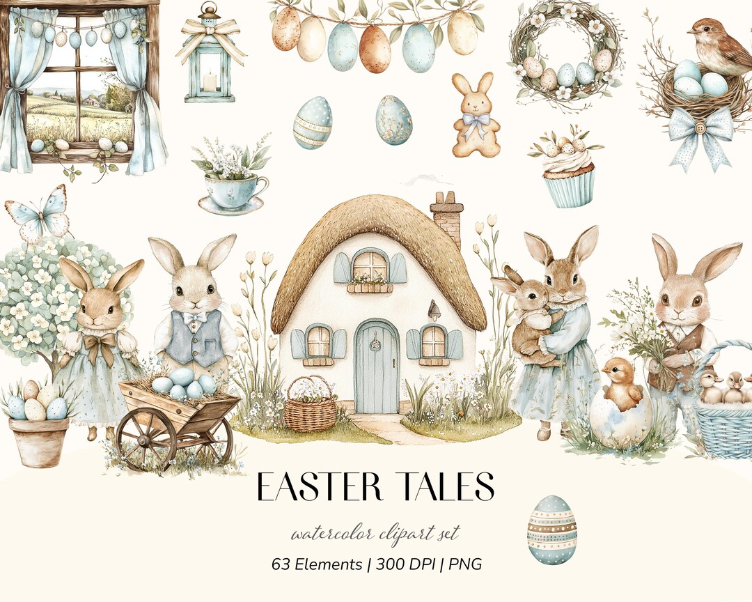 Watercolor Bunny Family Clipart, Cottage Easter Animals (PNG) - Etsy