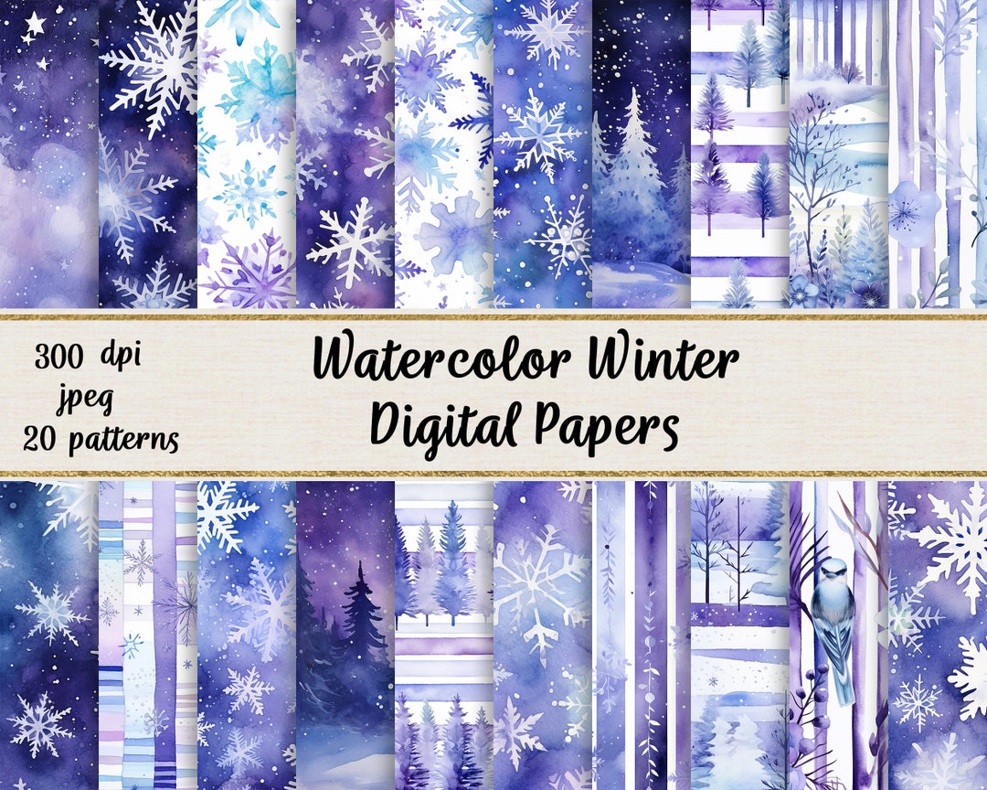 Watercolor Winter Wonderland Digital Papers, Purple and Blue Winter ...