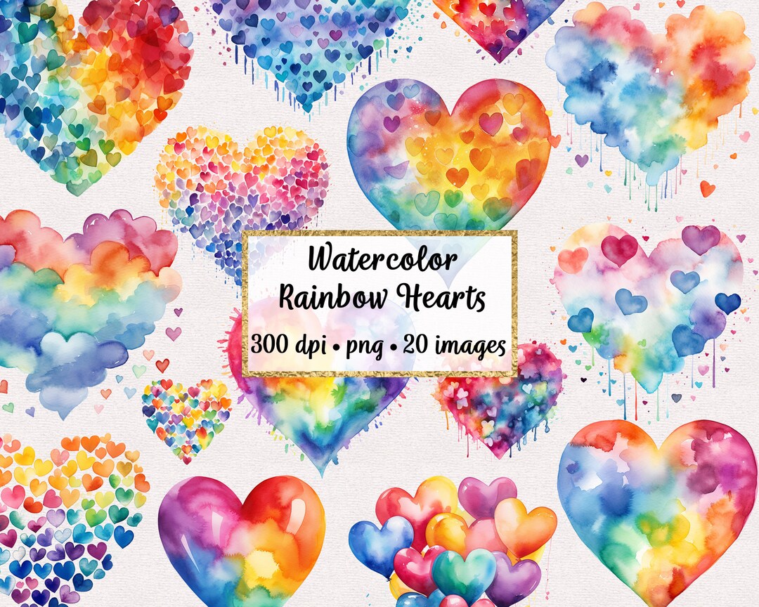 Watercolor Rainbow Hearts Clipart - Etsy