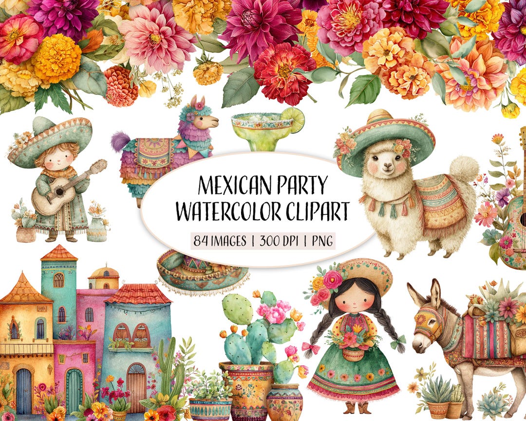 Watercolor Mexican Party Clipart, Fiesta PNG Clip Art, Printable ...