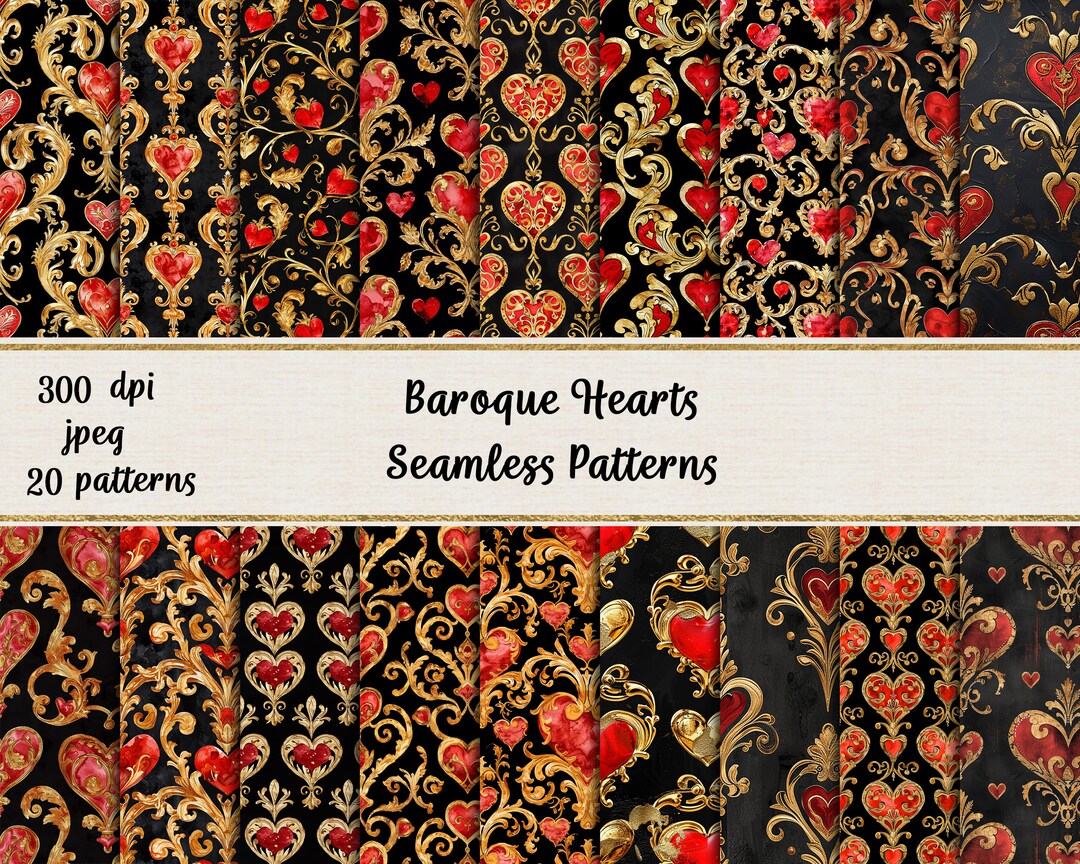 Watercolor Baroque Hearts Seamless Patterns - Etsy