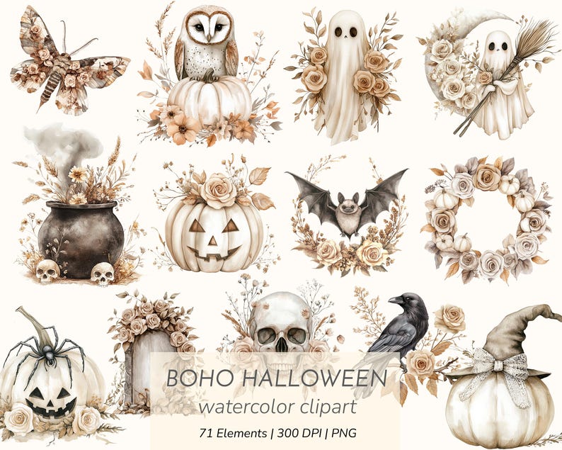 Boho Halloween Watercolor Clipart Set: Pumpkins, Ghosts, Skulls (PNG ...