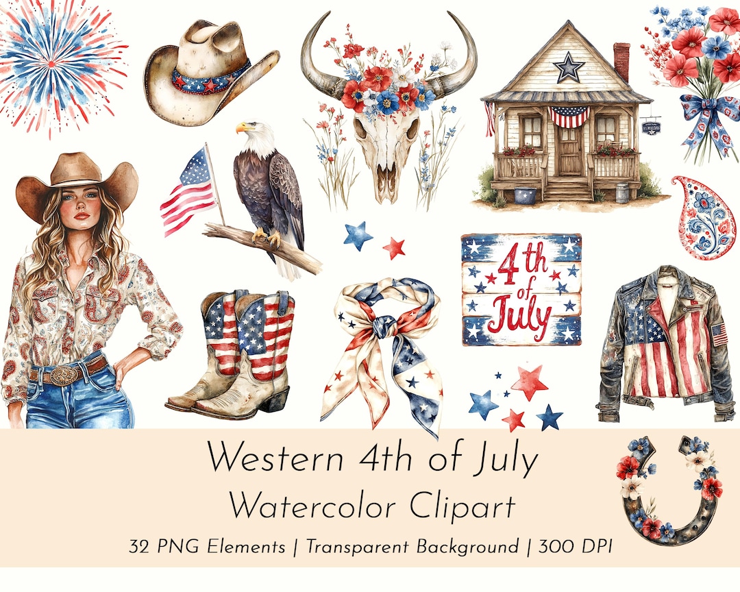 Western 4th of July Watercolor Clipart: Cowgirl, Boots PNG Set - Etsy